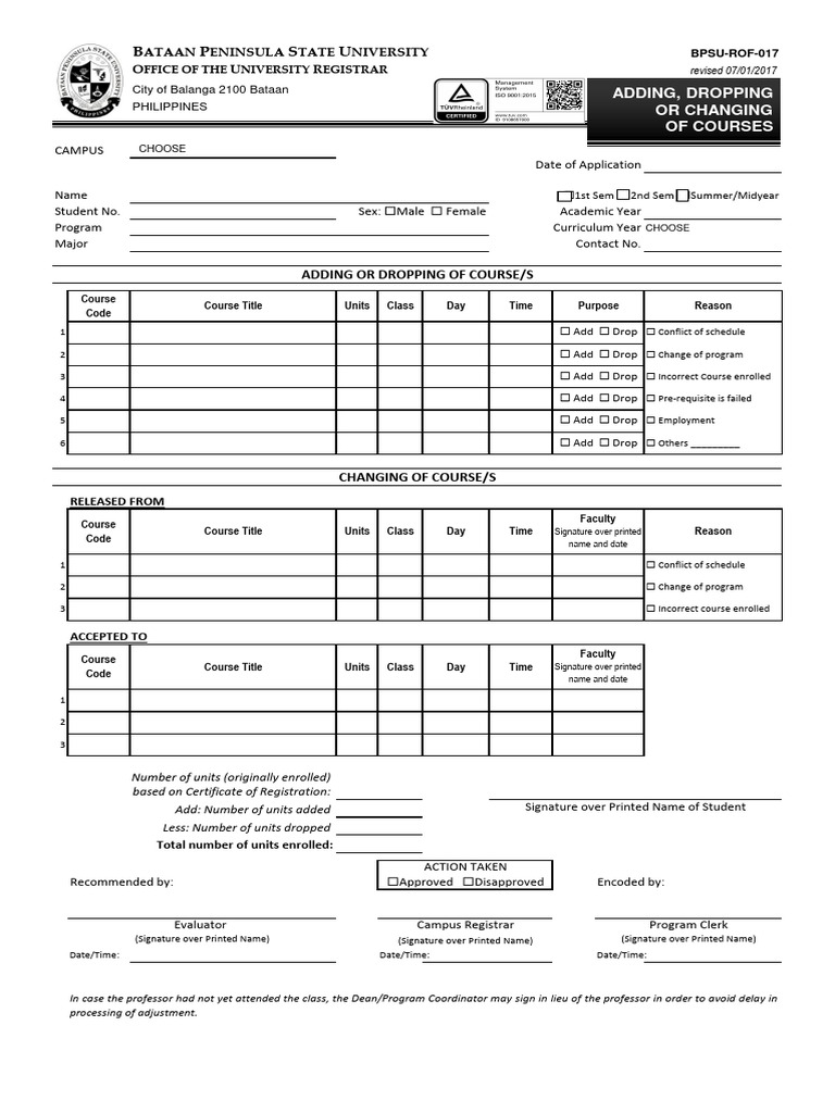 ROF-017 Adding, Dropping, Changing of Course - S Fillable | PDF