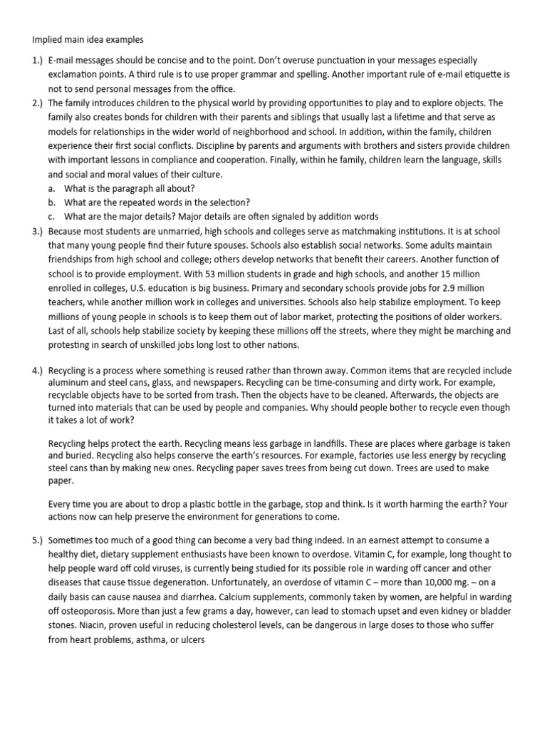 Implied Main Idea Examples | PDF | Recycling | Waste