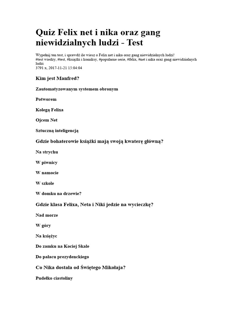 Quiz Felix Net I Nika Oraz Gang Niewidzialnych Ludzi | PDF