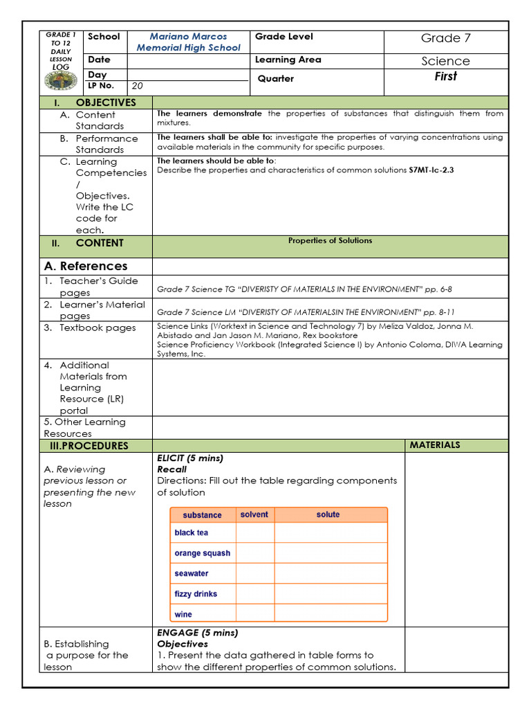 Grade 7 Science Lesson Plan | PDF | Mixture | Filtration