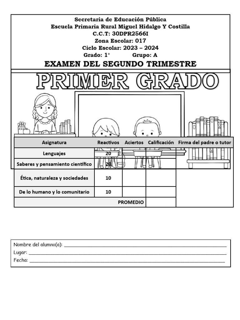 Examen Segundo Trimestre 1° Grado 2025 | PDF