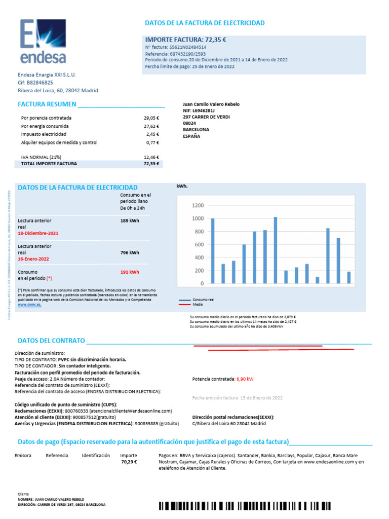Importe Factura: 72,35 : Endesa Enargia XXI S.L.U. Cif: B82846825 Ribera Del Loira, 60, 28042 ...