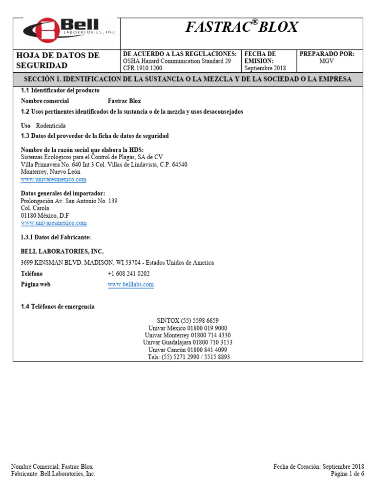 Hoja de Seguridad-FASTRAC BLOX | Descargar gratis PDF | Agua | Alimentos