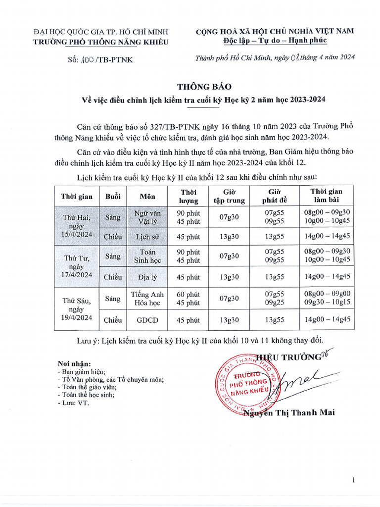 ĐIỀU CHỈNH LỊCH THI CUỐI HK2 2023 2024 | PDF