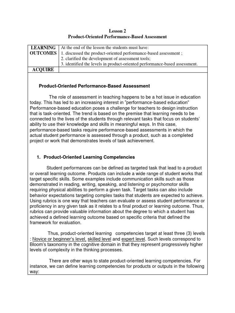 Product-Oriented Performance Assessment | PDF | Educational Assessment ...