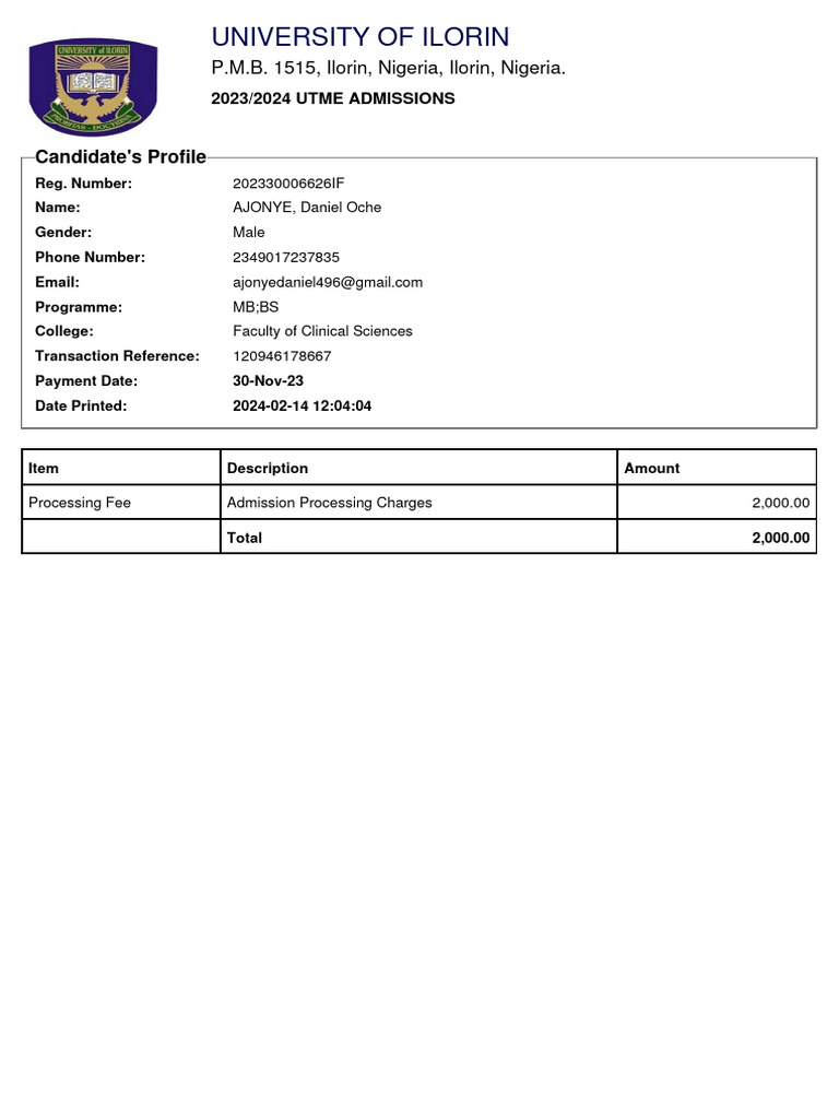 Admission Processing Slip | PDF