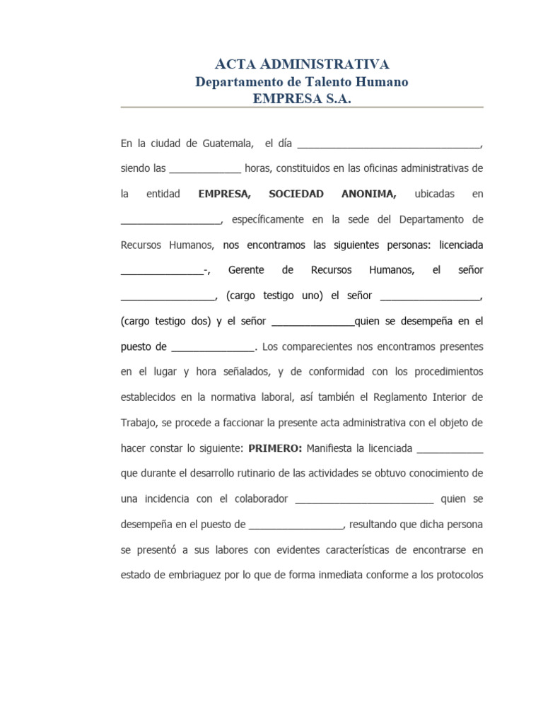 Acta Administrativa RRHH- Formato Estado de Embriaguez | PDF | Gestión de recursos humanos ...