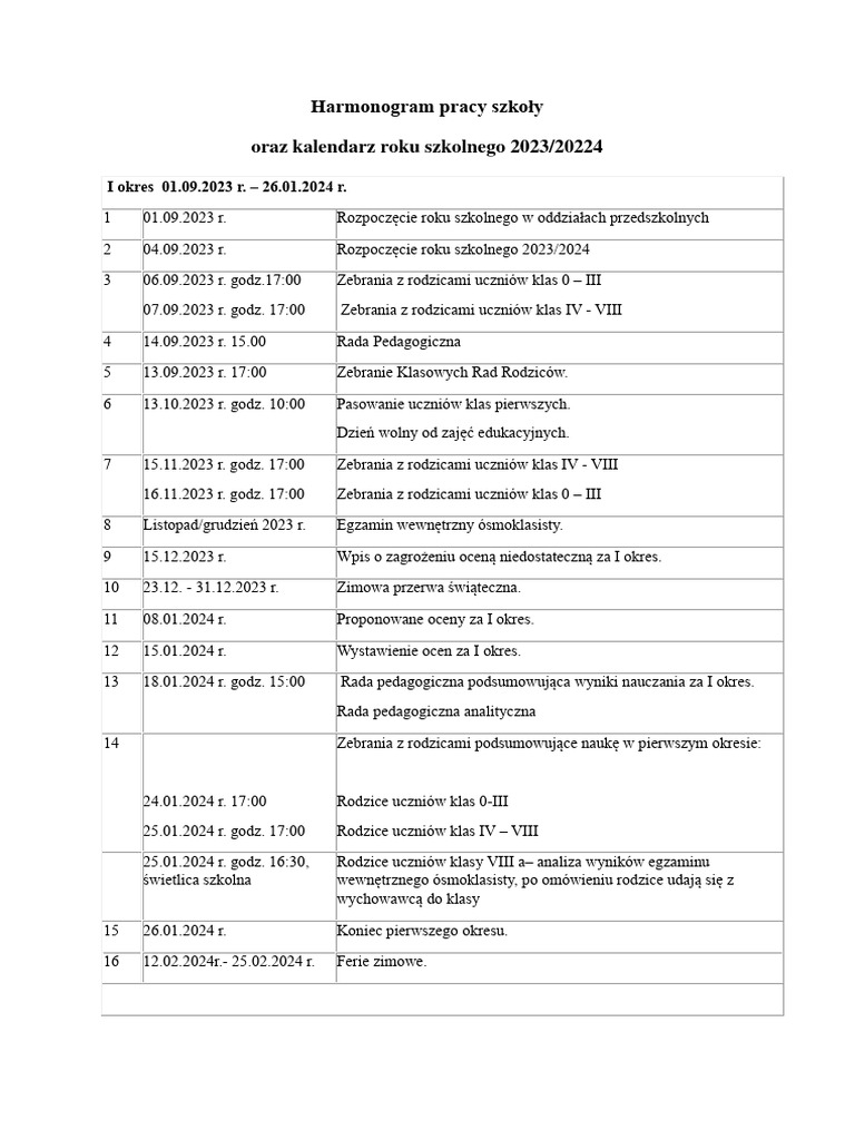 Harmonogram Pracy Szkoły w Roku Szkolnym 2023 2024 | PDF