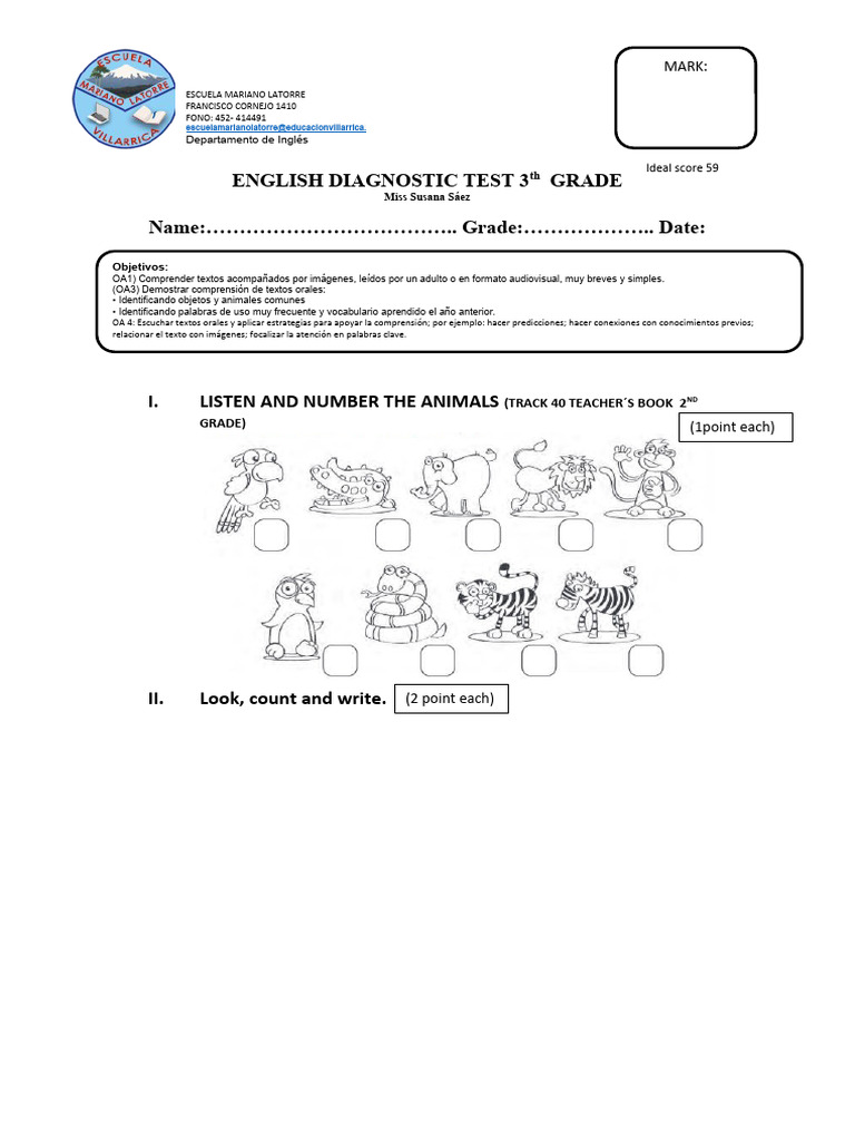 English Diagnostic Test 3RD Grade Modificar | PDF