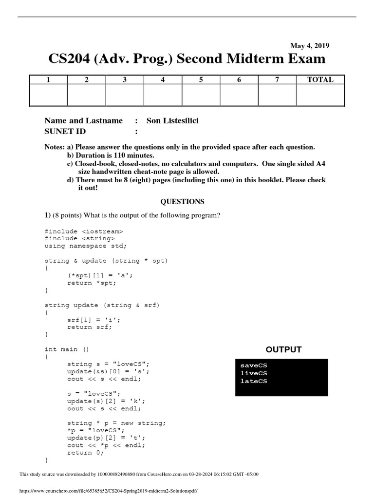 CS204 Spring2019 Midterm2 Solutions PDF | PDF | Computer Programming | Software Engineering