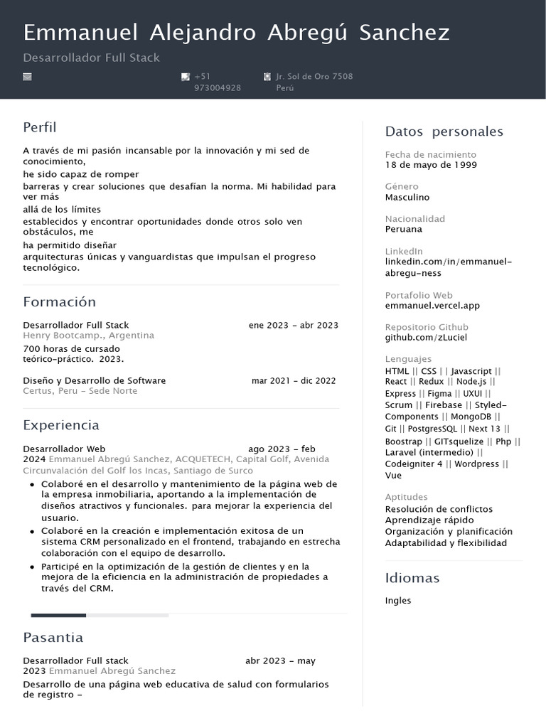CV Emmanuel Alejandro Abregú Sanchez | PDF | Red mundial | Internet y web