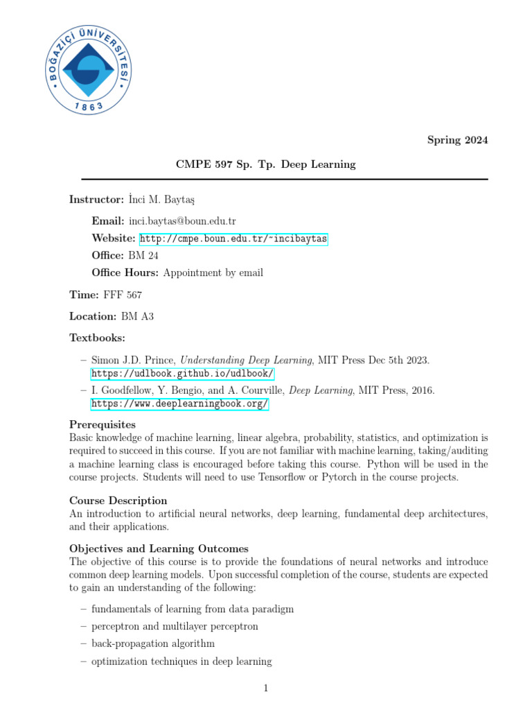 Cmpe597 Syllabus Pdf Deep Learning Artificial Neural Network