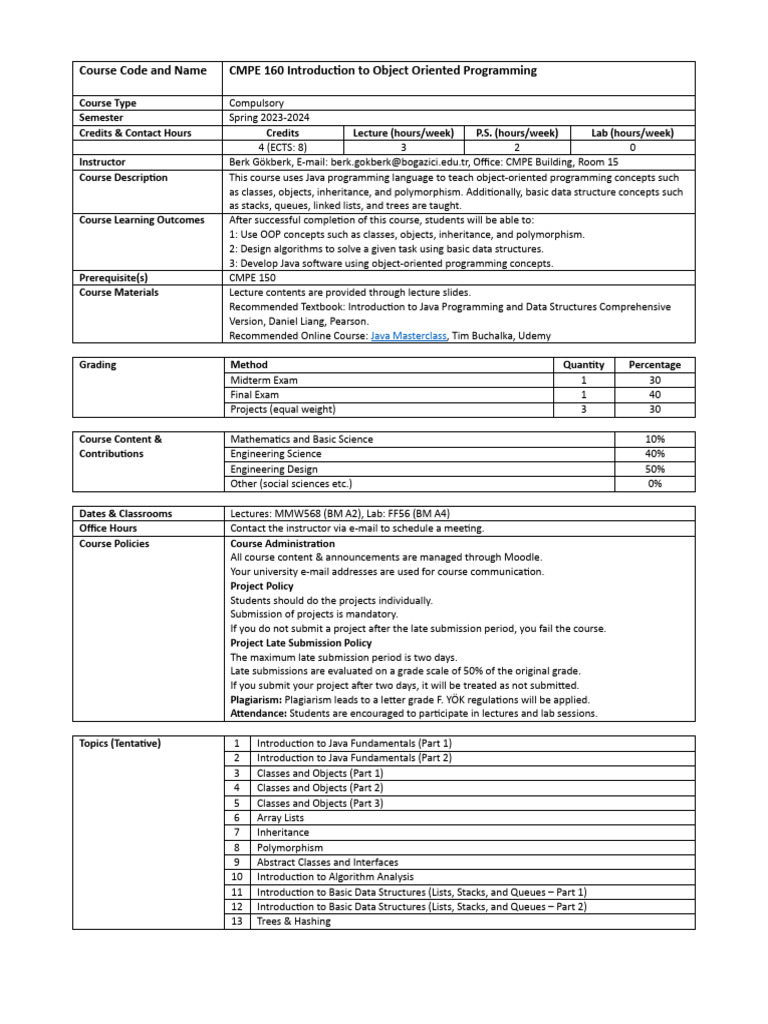 Cmpe160 Syllabus Pdf Object Oriented Programming Class Computer Programming