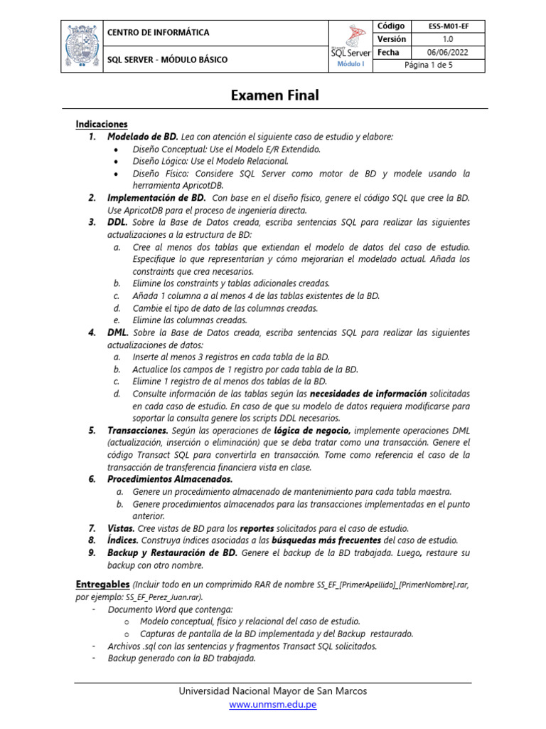 ESS-M01-EF-V1.0 Examen Final - SQL Server Básico | PDF | SQL | Servidor SQL de Microsoft
