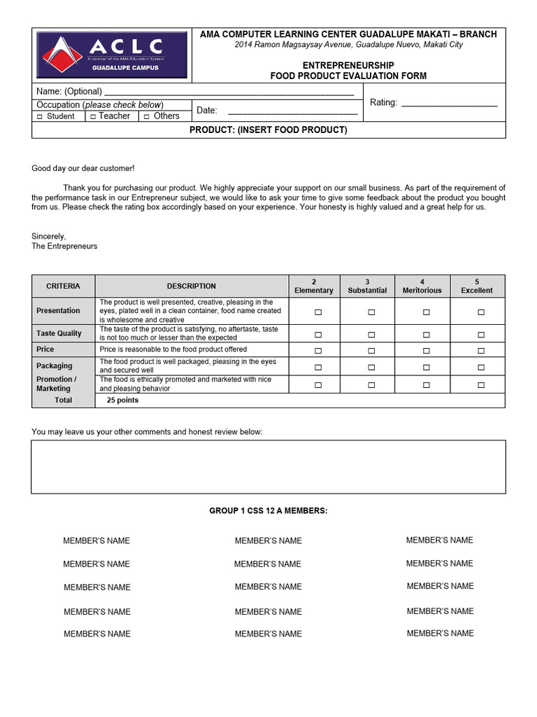 Food Product Evaluation | PDF | Entrepreneurship | Business