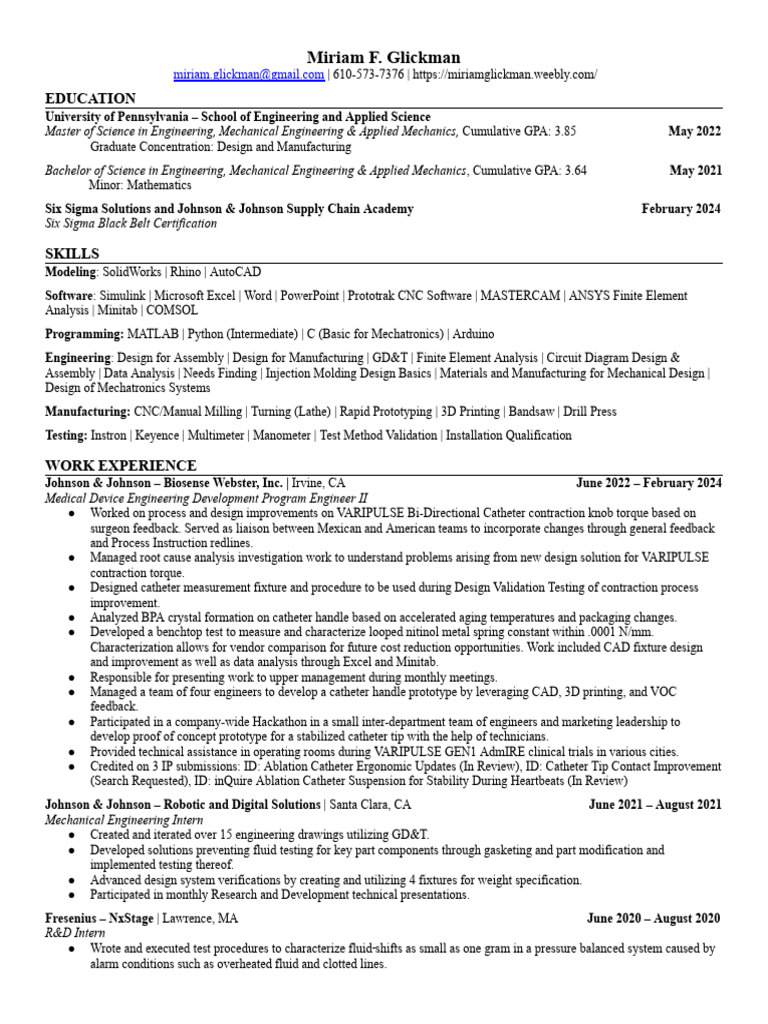 Miriam Glickman - Resume 2024 | PDF | Engineering | Mechanical Engineering