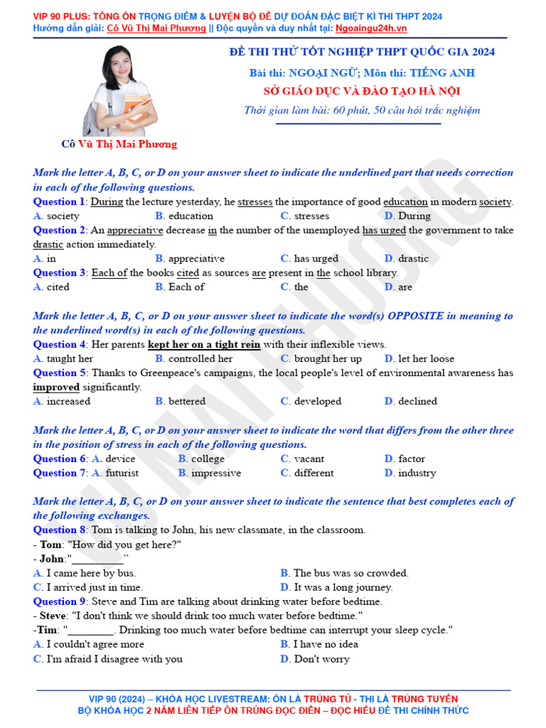 (Cô Vũ Mai Phương) Đề thi thử tốt nghiệp THPT Quốc Gia 2024 - Sở giáo dục và đào tạo Hà Nội ...