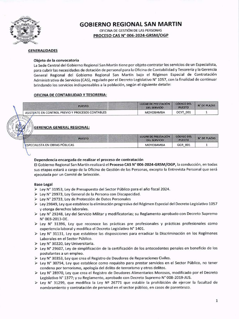 Bases Del Proceso CAS 006-2024-GRSM-OGP - Compressed | PDF