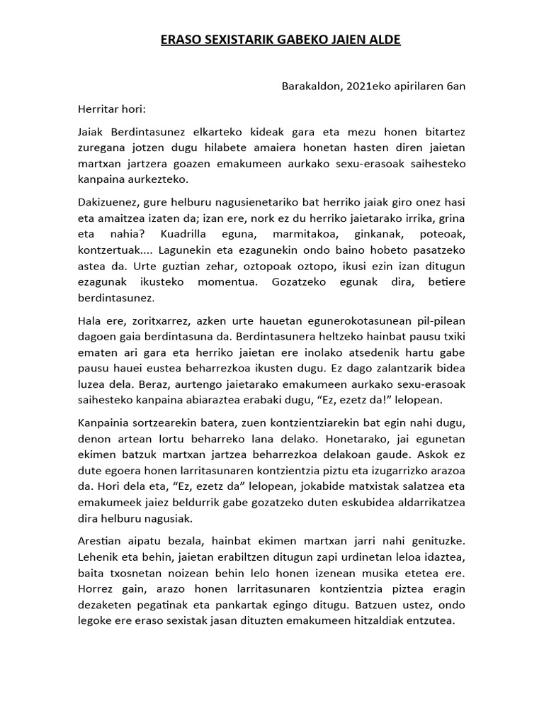 Eredua. Eraso Sexistarik Gabeko Jaien Alde | PDF