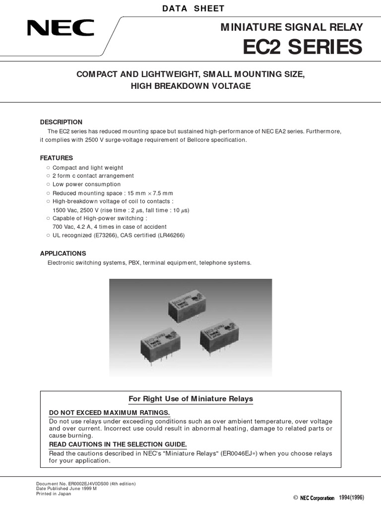 Nec Ec2 Relay Datasheet - Retroamplis | PDF | Relay | Inductor