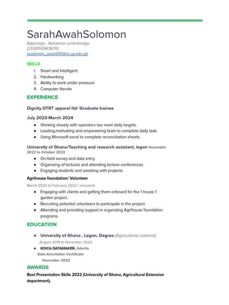 Summary of Sarah Awah Solomon CV | PDF