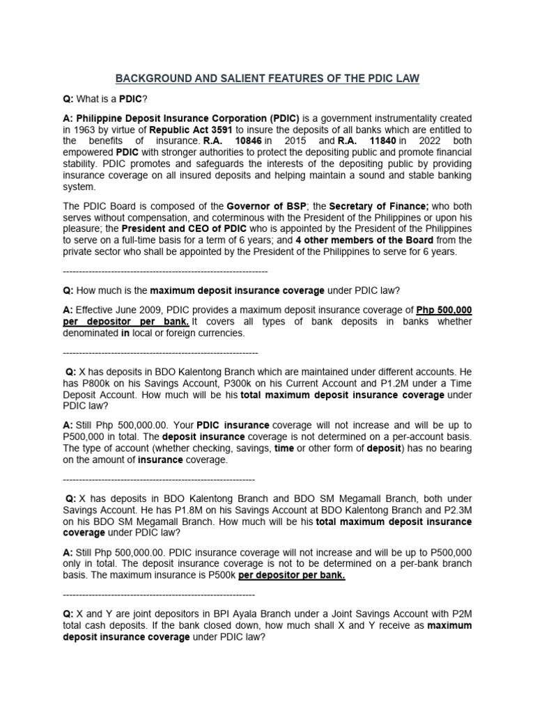 Background and Salient Features of The Pdic Law | PDF | Deposit Account ...