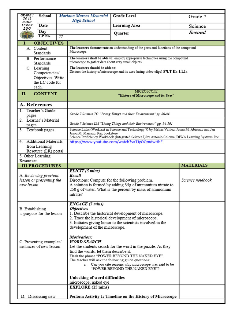 Grade 7 Science: Microscope History Lesson | PDF | Learning | Microscope