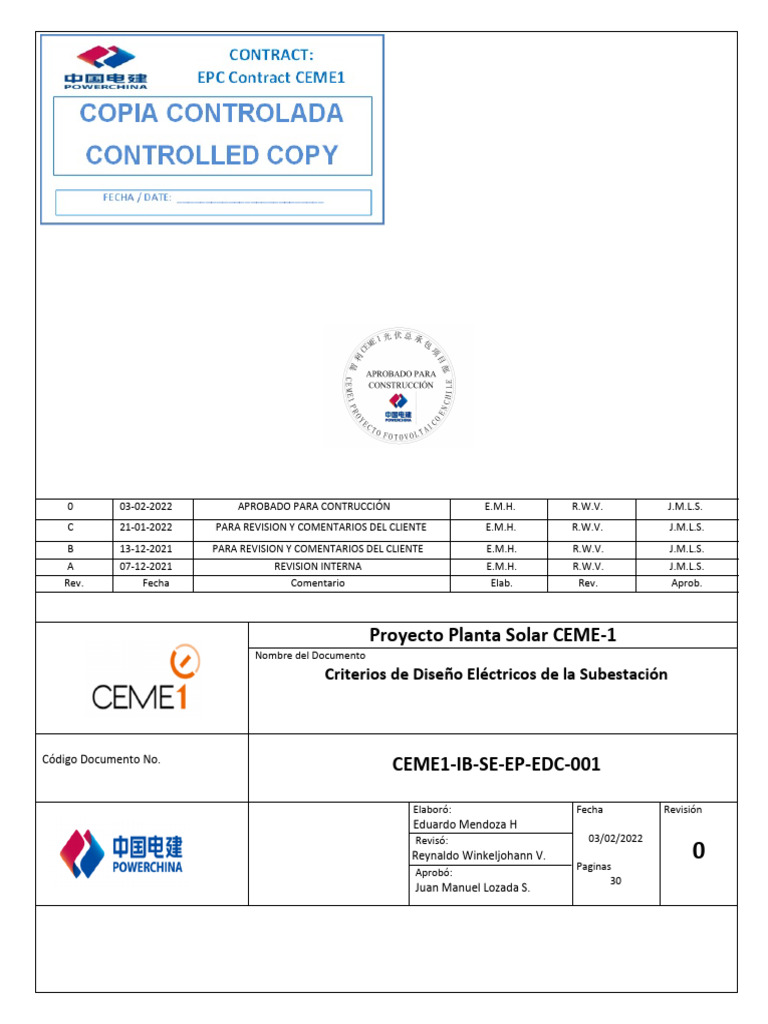 CEME1-IB-SE-EP-EDC-001 - 0 Criterios de Diseño Eléctricos de La ... CEME1-IB-SE-EP-EDC-001 - 0 Criterios de Diseño Eléctricos de La ...