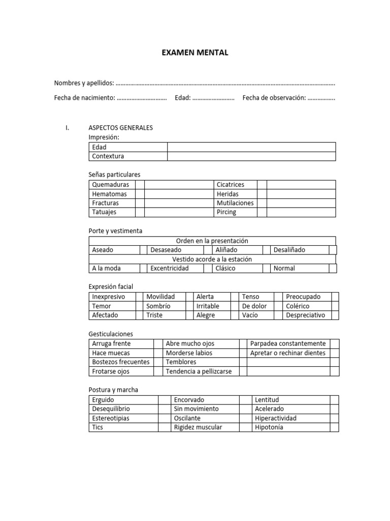 Formato de Examen Mental | PDF | Depresión (estado de ánimo) | Conceptos psicologicos