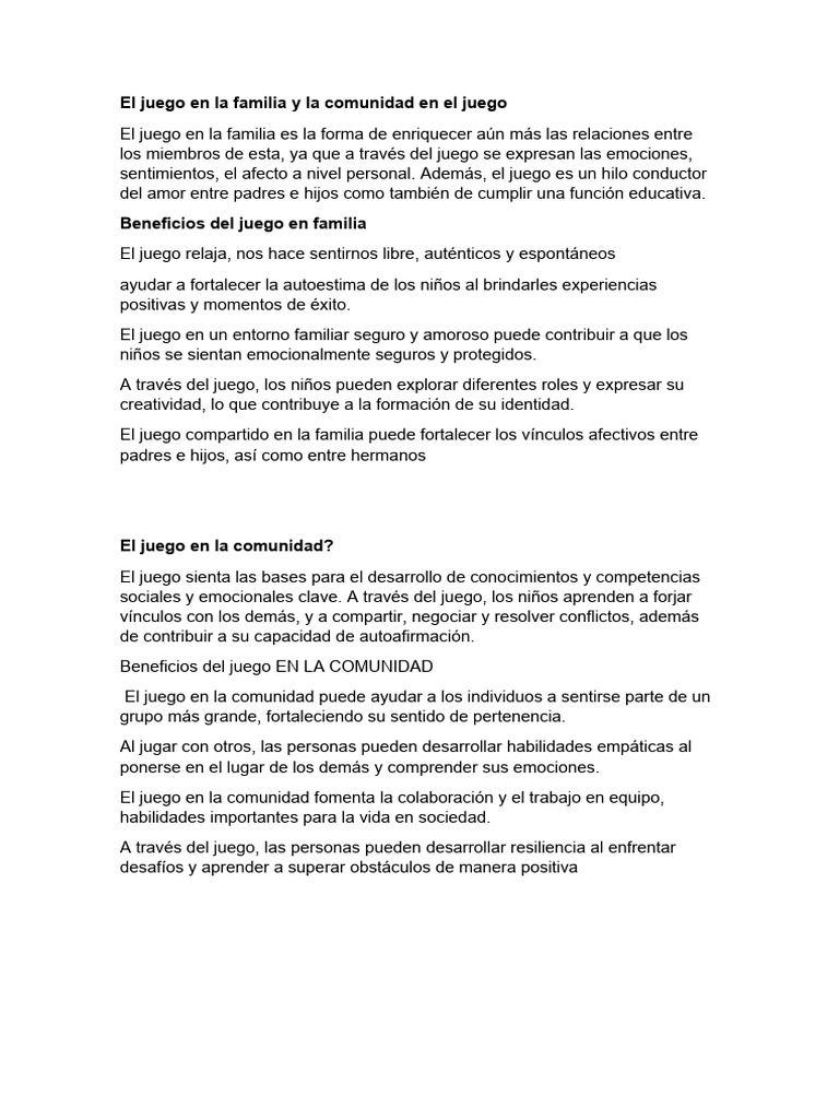 Juego en familia y comunidad: beneficios emocionales | PDF