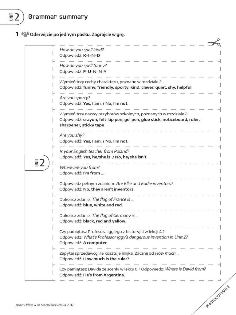 Brainy KL 4 Worksheets Unit 2 Grammar Summary | PDF