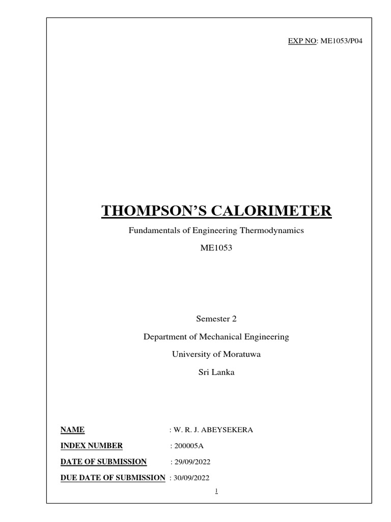 CW - Thompson's Calorimeter - Jeshan | PDF | Heat Transfer | Combustion