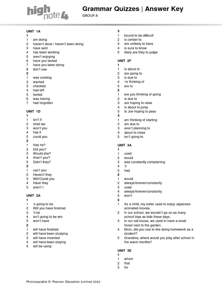 HighNote4 Grammar Quiz GroupA ANSWERS | PDF