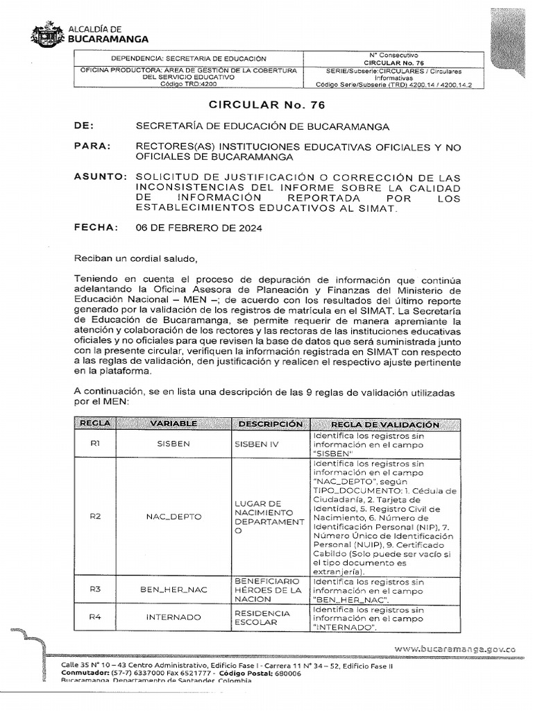 Circular N°76 Solictud Justificación o Corrección de Las Inconsistencias Del Informe Sobre La ...