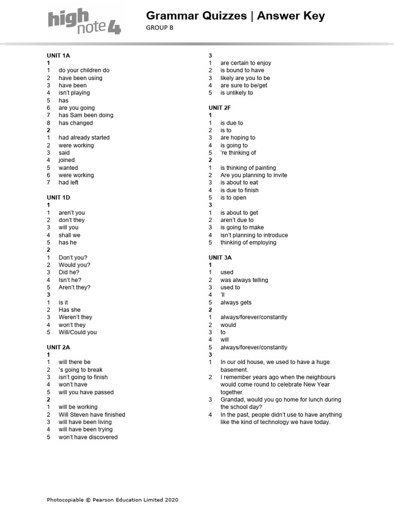 HighNote4 Grammar Quiz GroupB ANSWERS | PDF