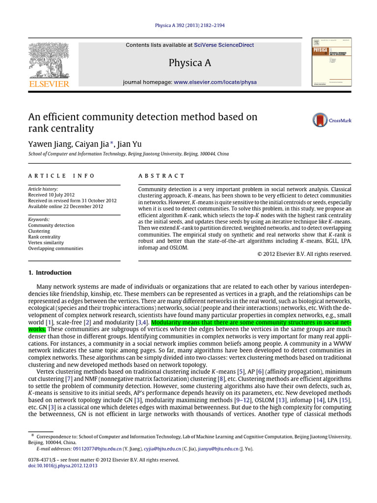 3 Kmeans An Efficient Community Detection Method Based On Rank Centrality 2012 Pdf Cluster
