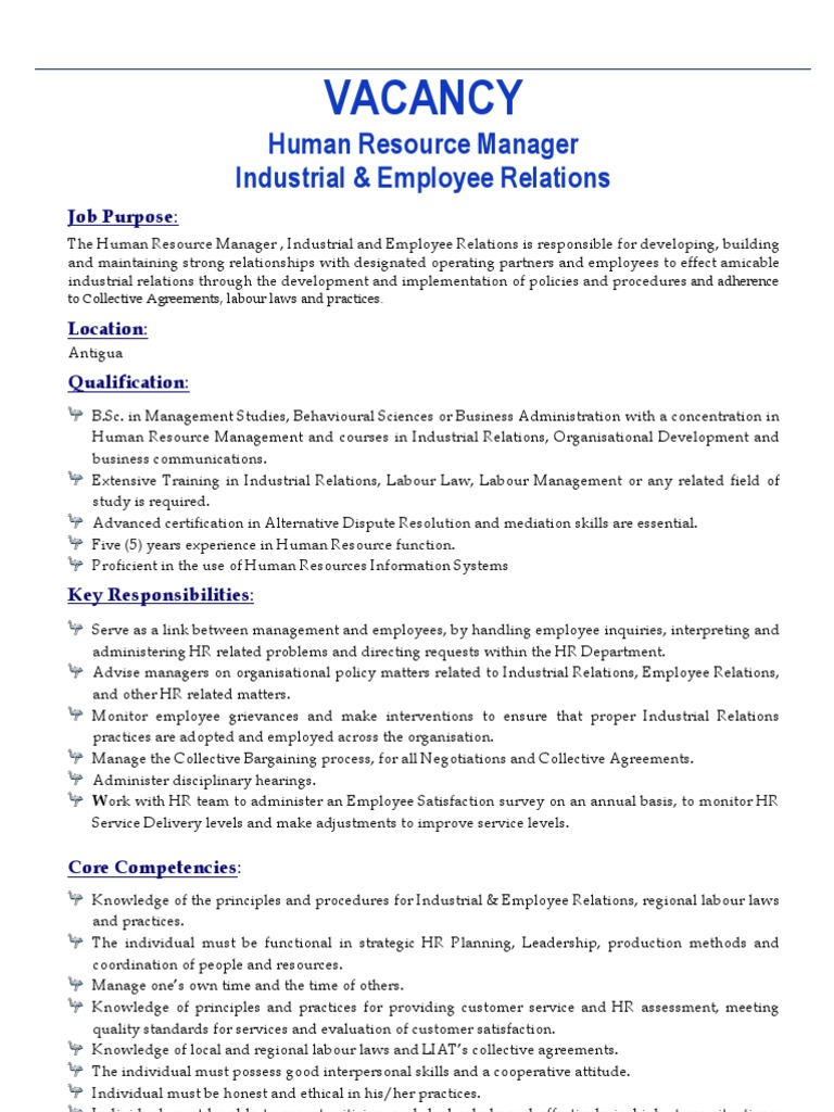 Vacancy Notice - Human Resource Manager - Industrial Employee Relations ...