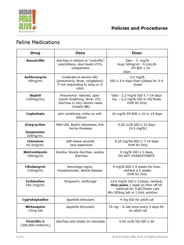 Austin Pets Alive Cat Medication Chart 52F6 | PDF | Drugs | Clinical ...