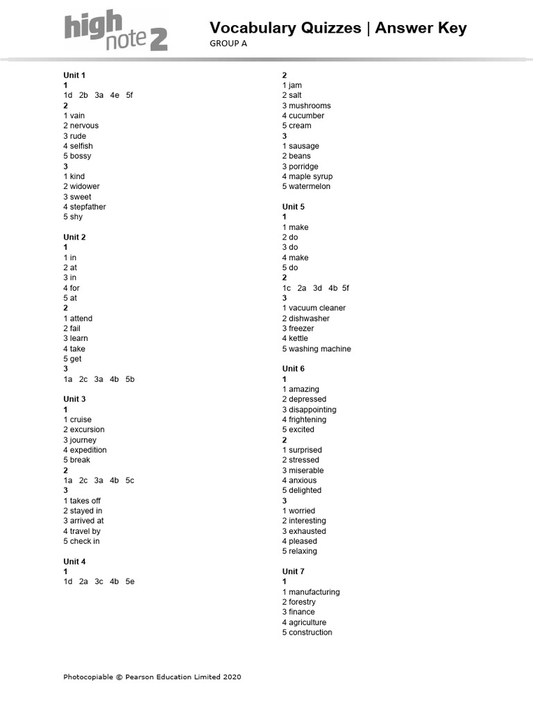 HighNote2 Vocabulary Quizzes GroupA ANSWERS | PDF