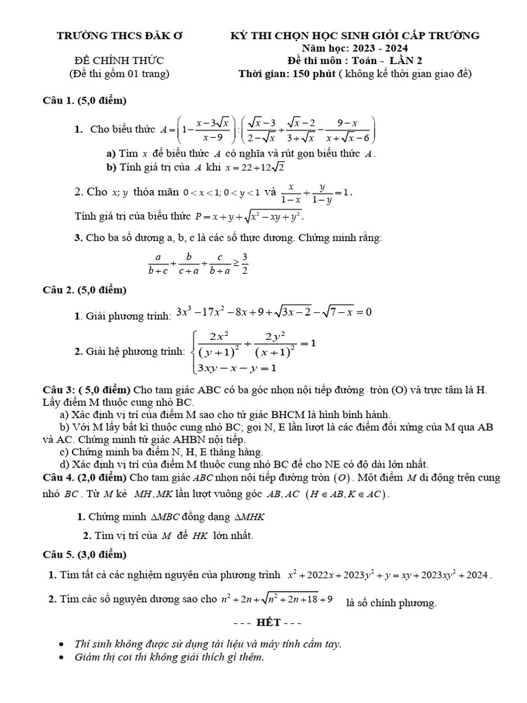 De Thi HSG Toan 9 Lan 2 Nam 2023 2024 Truong Thcs Dak o Binh Phuoc | PDF