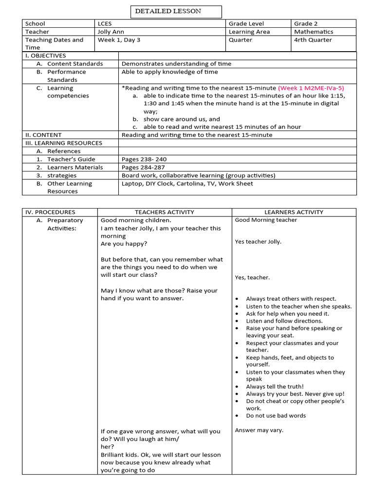 Grade 2 Math Lesson Plan: Telling Time | PDF | Learning | Clock