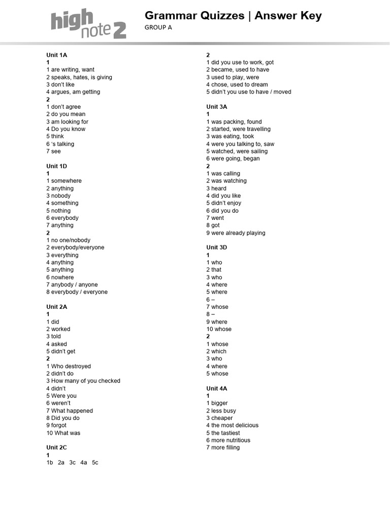 High Note 2 Grammar Answer Key | PDF