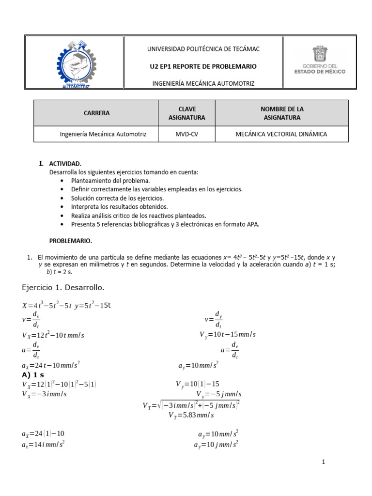 Actividad U2 Ep1 Reporte de Problemario | PDF | Velocidad | Aceleración