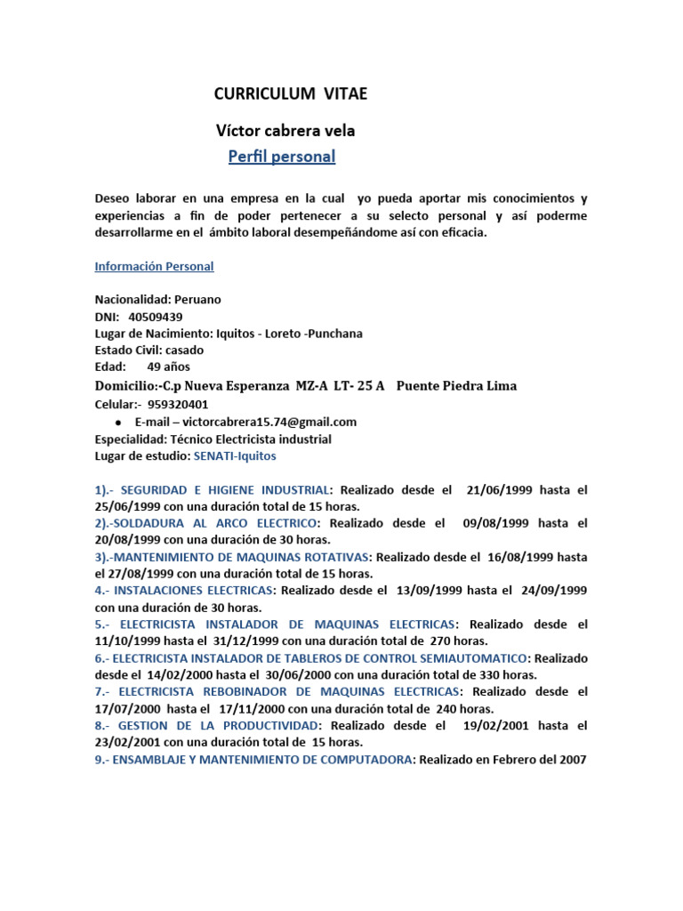 Curriculum Vitae Víctor Cabrera Vela: Perfil Personal | PDF | Hogar, jardinería y bricolaje ...