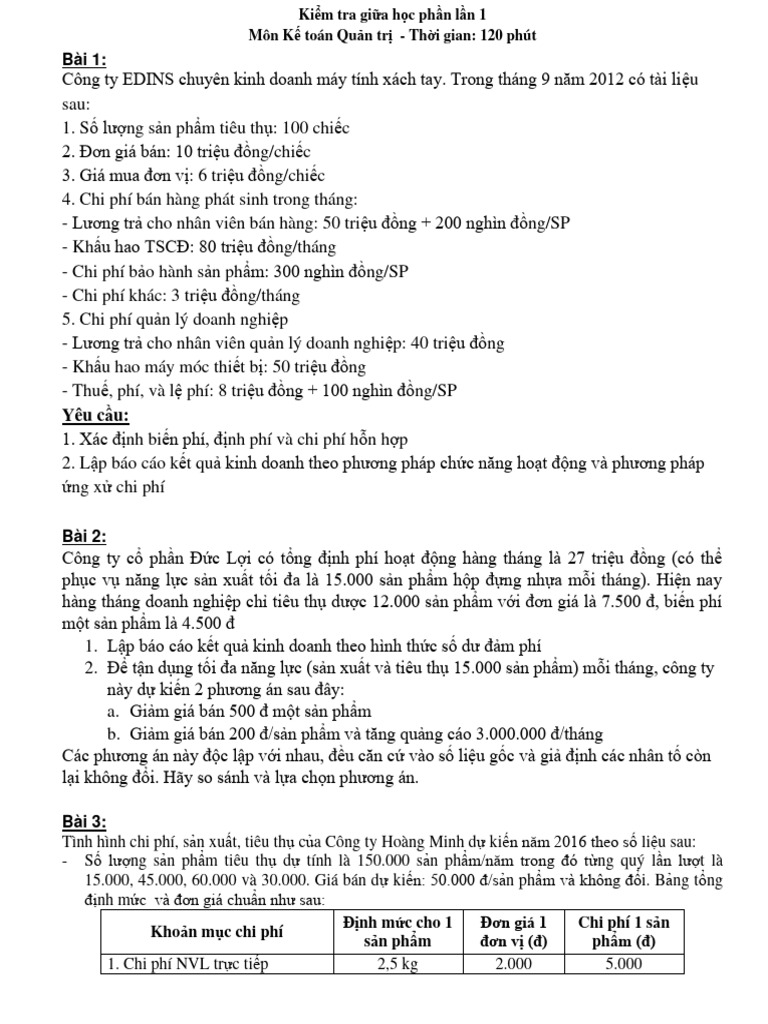 Kiểm tra giữa học phần lớp KTQT 2023 2 | PDF