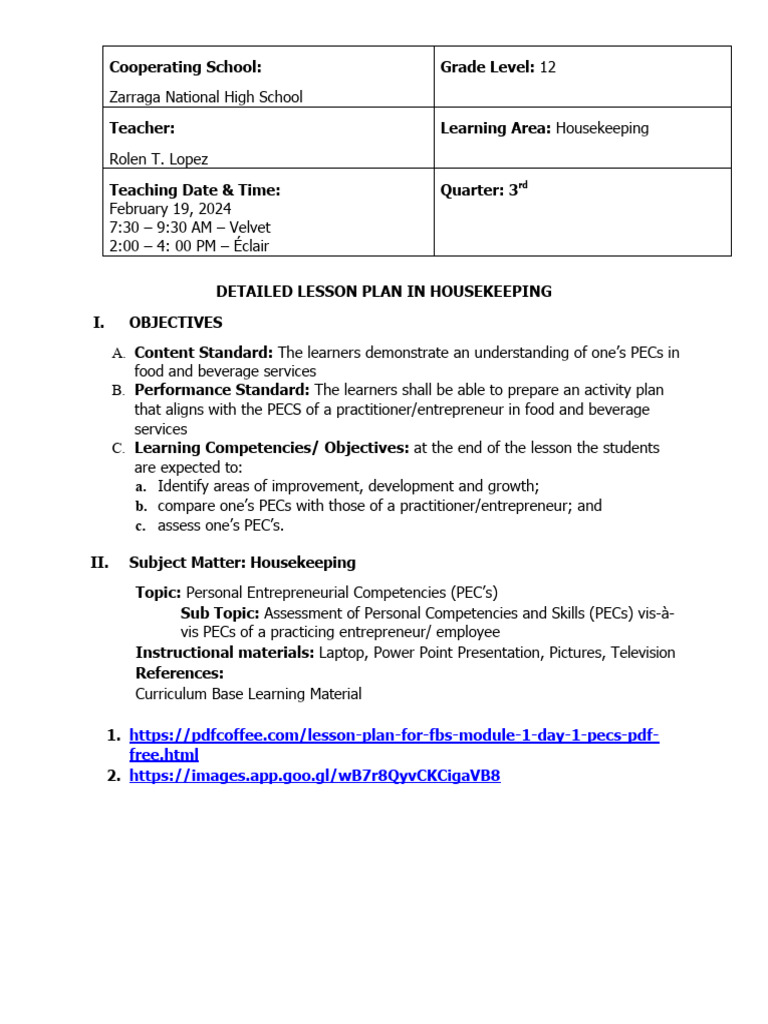 Lesson Plan #1 - PEC's | PDF | Entrepreneurship | Cognition