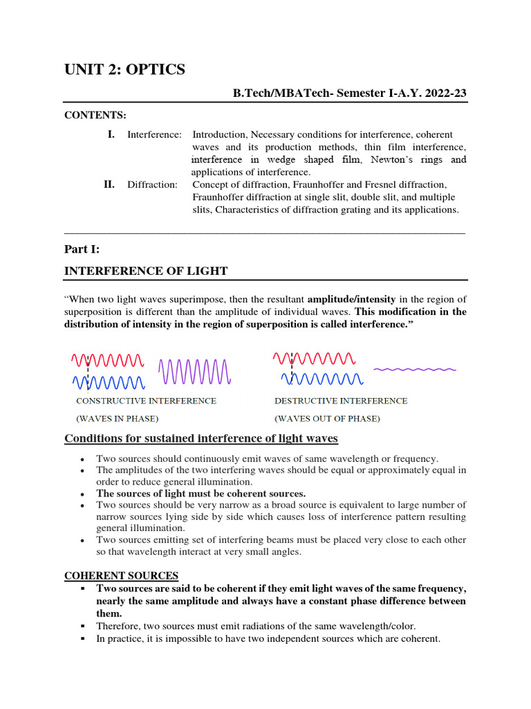 Physics Unit 2 | PDF | Diffraction | Coherence (Physics)