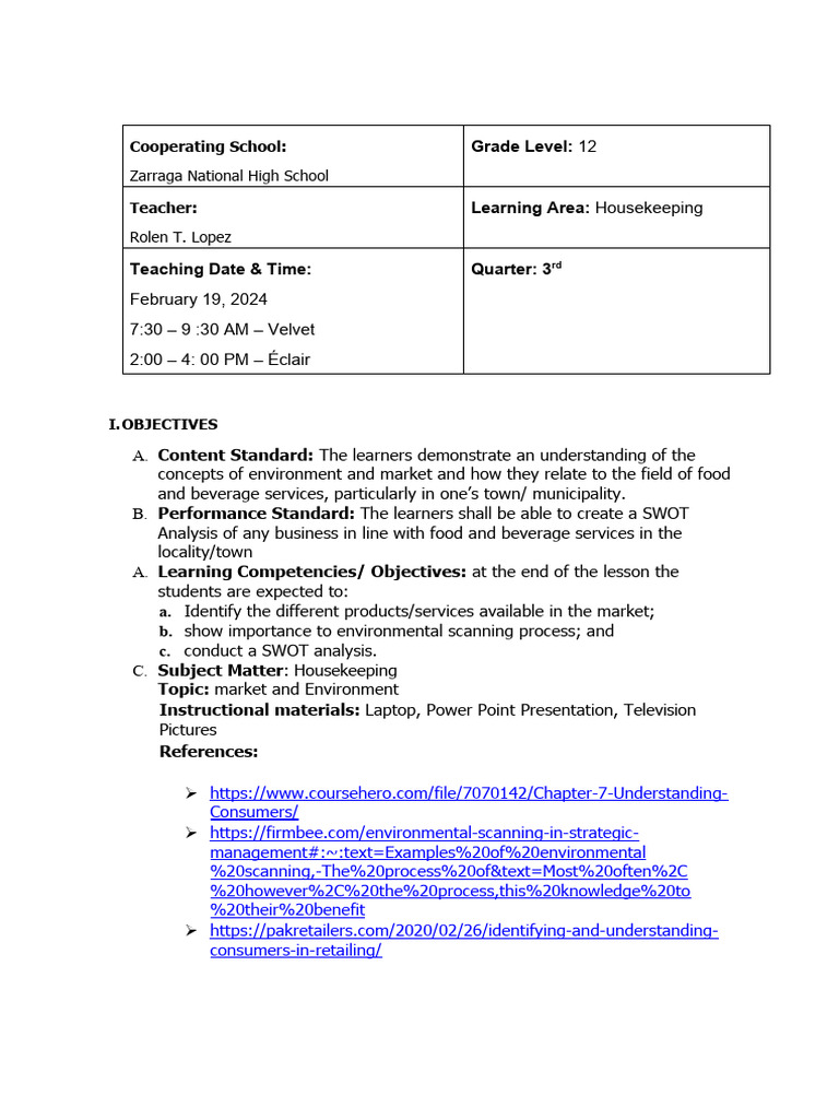 Lesson Plan #2 - Market & Environment | PDF | Product (Business) | Behavior