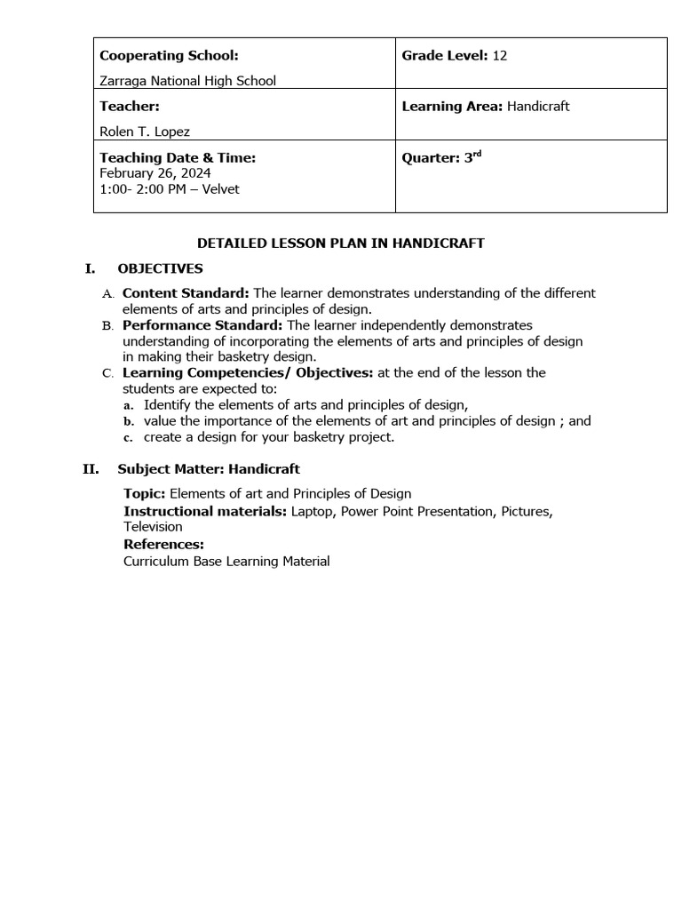 Handicraft Lesson Plan for 12th Grade | PDF | Cognition