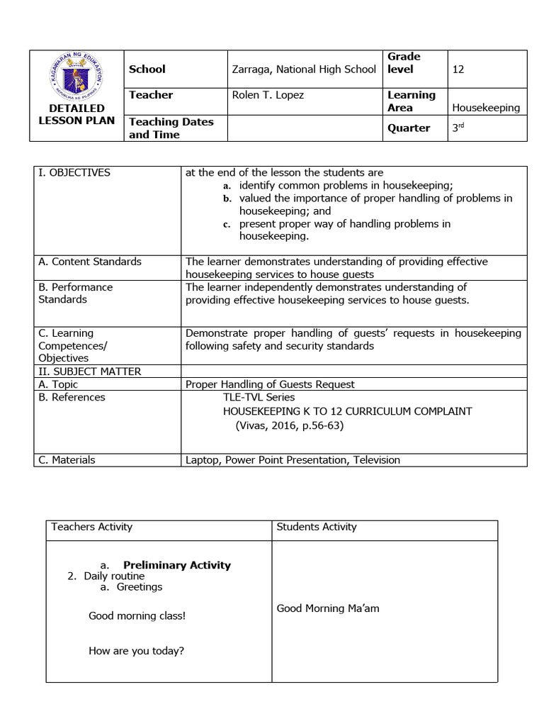 Housekeeping Problem-Solving Lesson Plan | PDF | Mediation | Lesson Plan